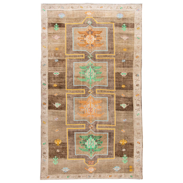 Vintage Beige and Brown Turkish Kars Handmade Tribal Wool Rug For Sale ...