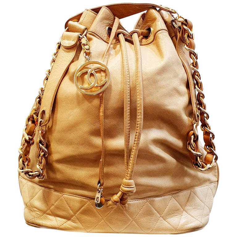 Vintage Beige Caramel Chanel Large drawstring bag lambskin with gold ...
