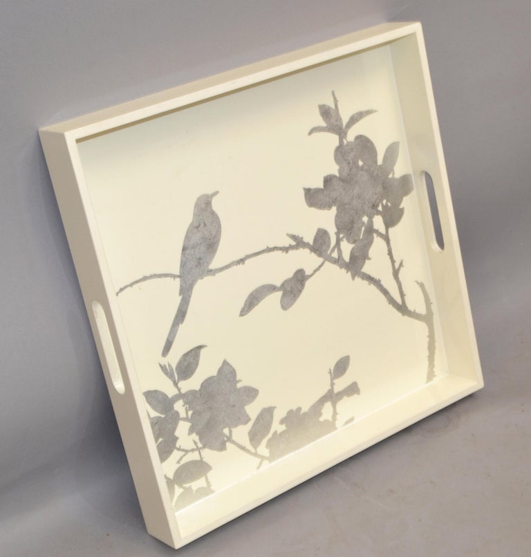 Vintage Beige Square Breakfast Tray Hand-Painted Silver Leaf Bird Tree ...