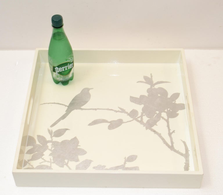 Vintage Beige Square Breakfast Tray Hand-Painted Silver Leaf Bird Tree ...