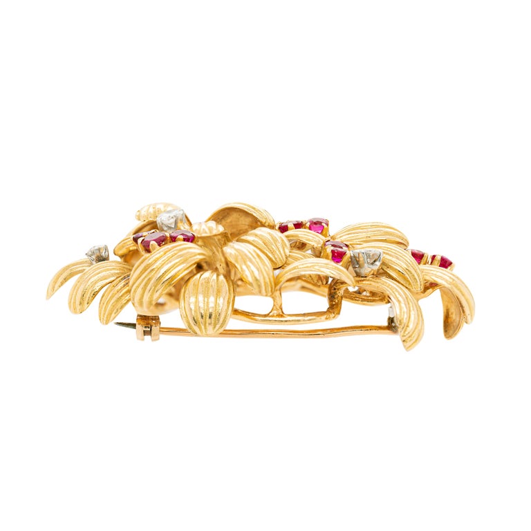 Vintage Ben Rosenfeld Ruby and Diamond 18 Carat Gold Foliate Brooch For ...