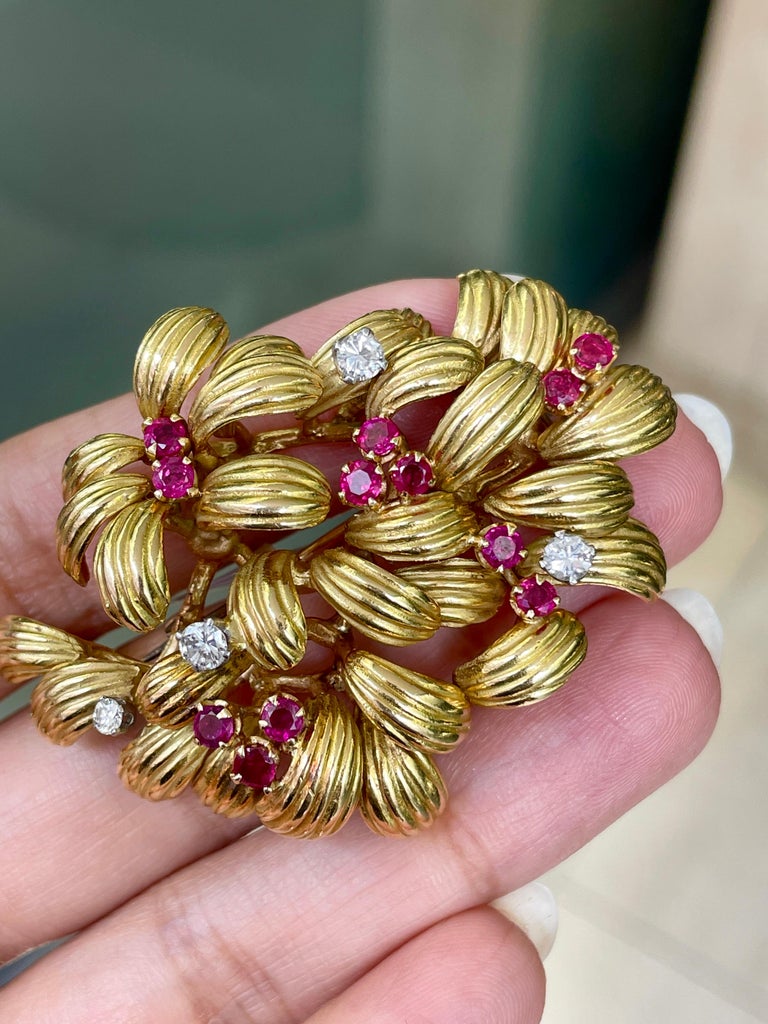 Vintage Ben Rosenfeld Ruby and Diamond 18 Carat Gold Foliate Brooch For ...
