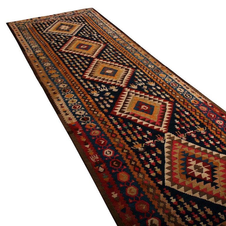 Vintage Bidjar Geometric Brown and Orange Wool Persian Kilim Runner by ...