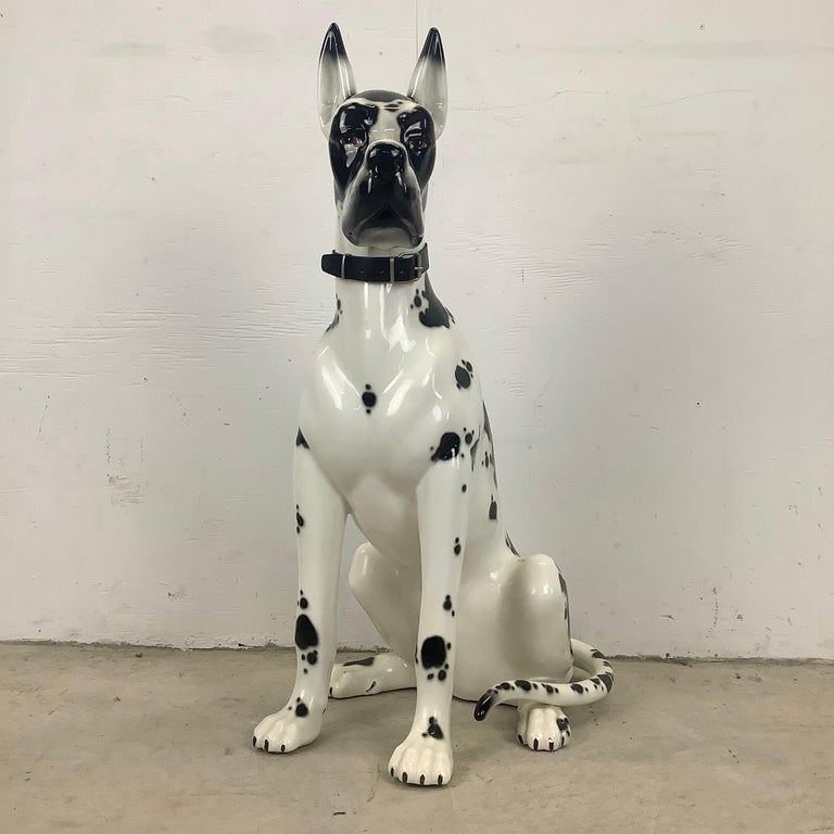 Vintage Black and White Dog Great Dane Ceramic Statue For Sale at 1stDibs