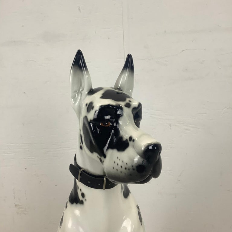Vintage Black and White Dog Great Dane Ceramic Statue For Sale at 1stDibs