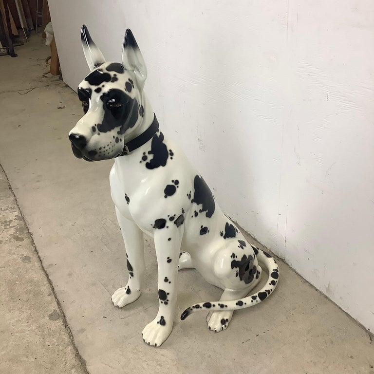 Vintage Black and White Dog Great Dane Ceramic Statue For Sale at 1stDibs