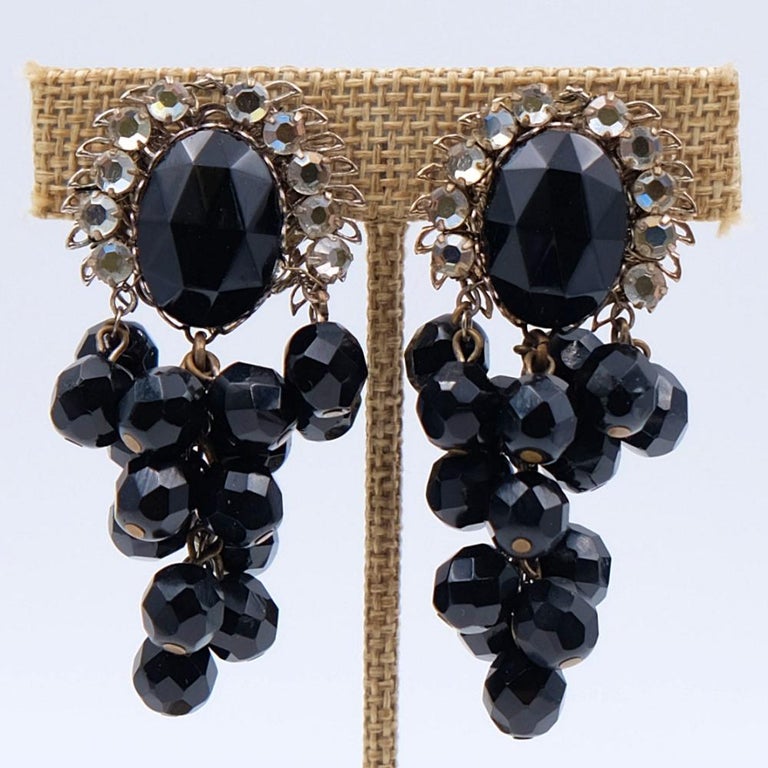 Vintage Black Beads Miriam Haskell Earrings For Sale at 1stDibs
