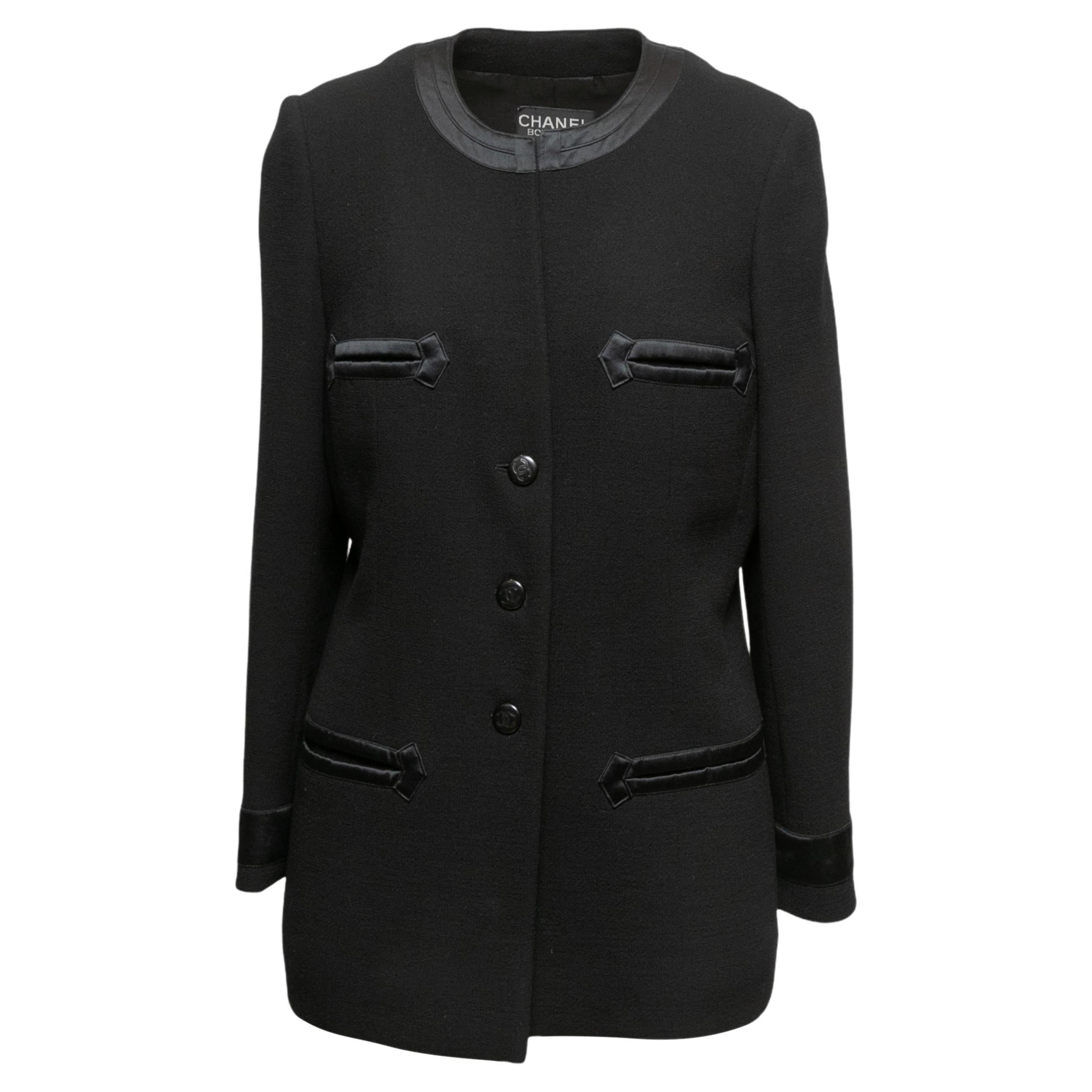 Vintage Black Chanel Boutique Collarless Jacket For Sale at 1stDibs