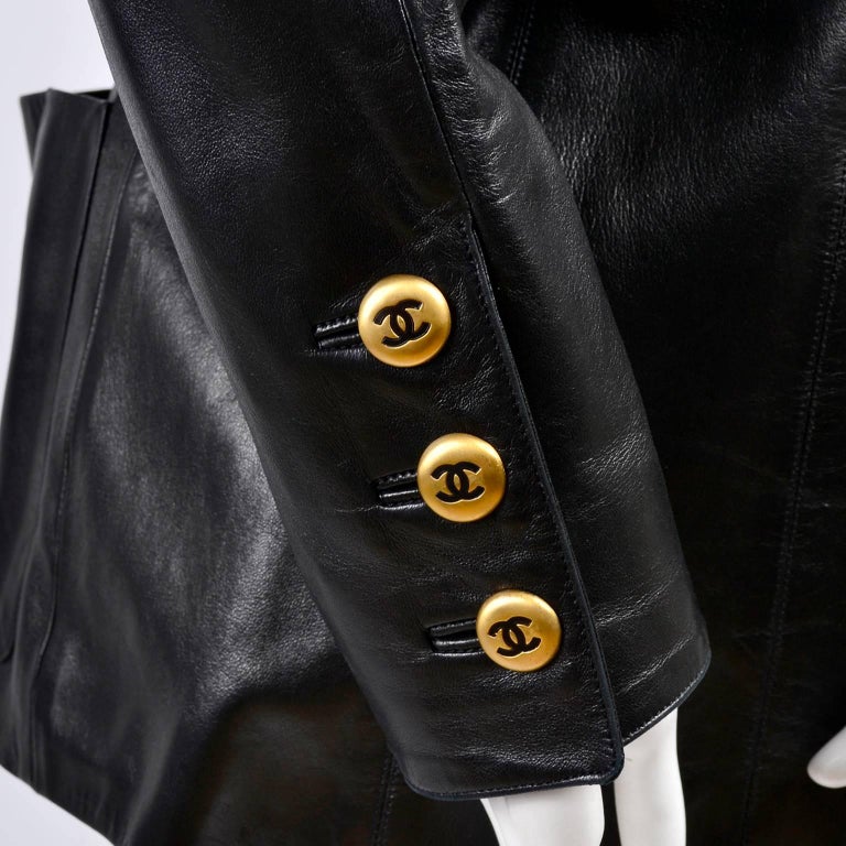 Chanel Vintage Black Leather Jacket With Quilting and CC Logo Brass ...