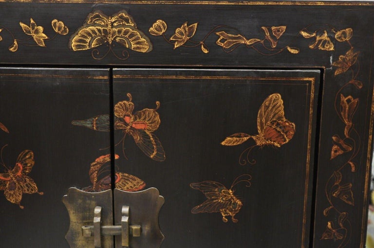Vintage Black Lacquer Hand Painted Butterfly Chinese Oriental Cabinets ...