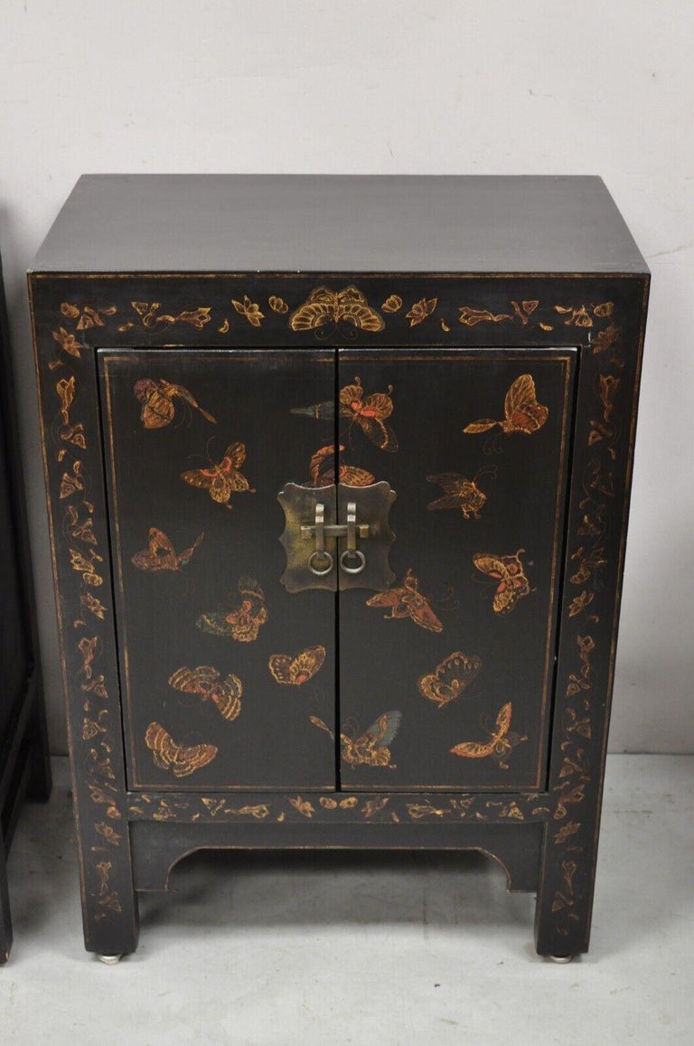 Vintage Black Lacquer Hand Painted Butterfly Chinese Oriental Cabinets ...