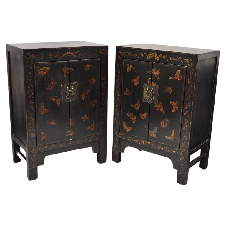 Vintage Black Lacquer Hand Painted Butterfly Chinese Oriental Cabinets ...