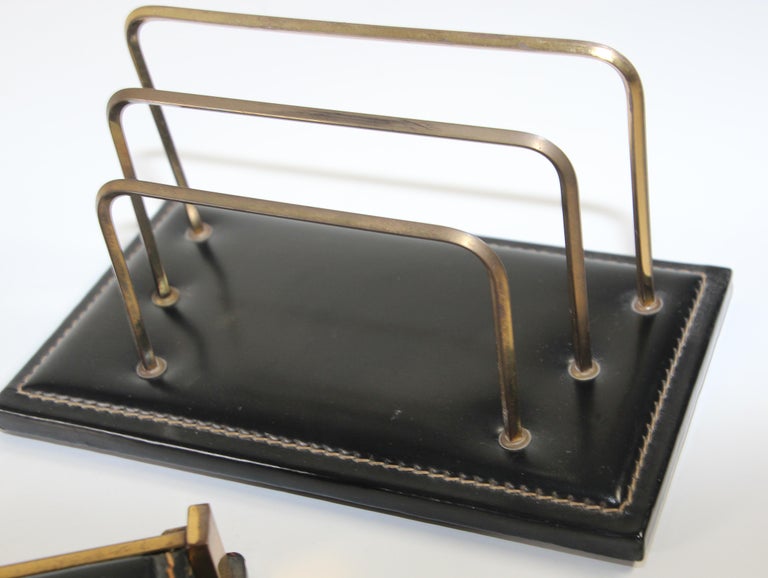 Vintage Black Leather and Brass Desk Set Letter Rack, Picture Frame and ...