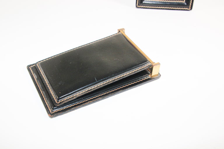 Vintage Black Leather and Brass Desk Set Letter Rack, Picture Frame and ...