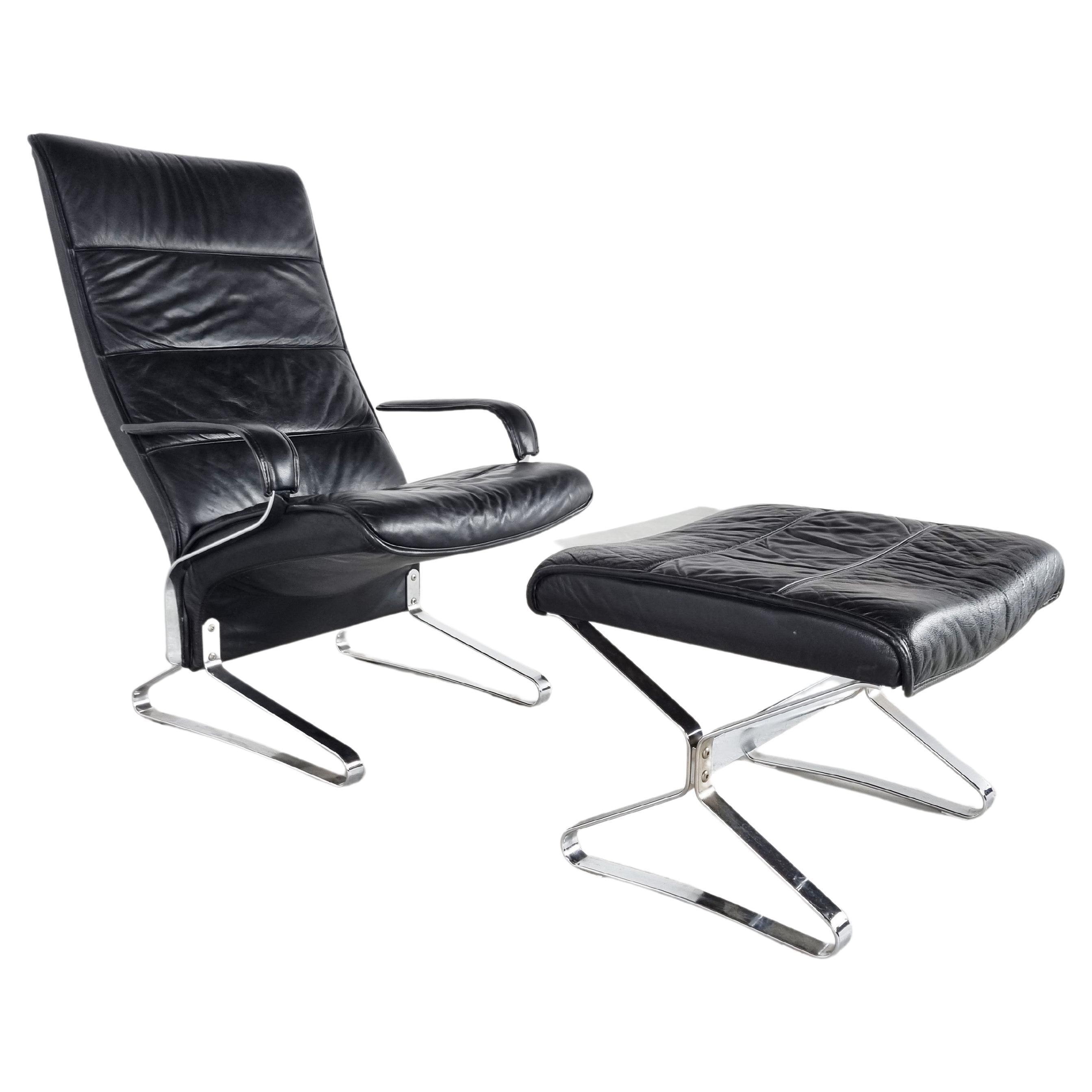 Vintage Black Leather and Chrome Lounge Chair, 1970s at 1stDibs