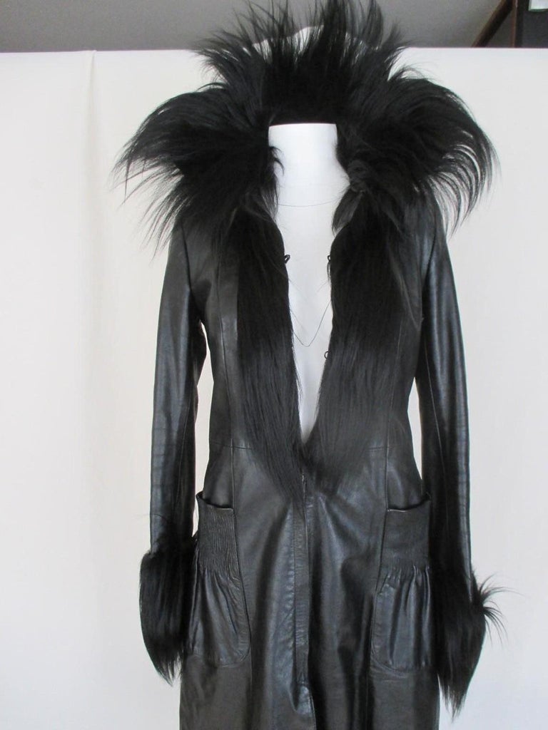 Vintage Black Leather coat with Fur For Sale at 1stDibs