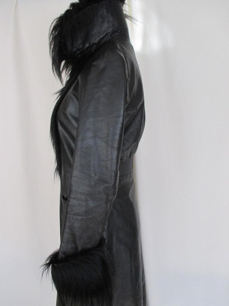 Vintage Black Leather coat with Fur For Sale at 1stDibs