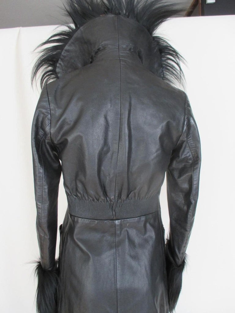 Vintage Black Leather coat with Fur For Sale at 1stDibs