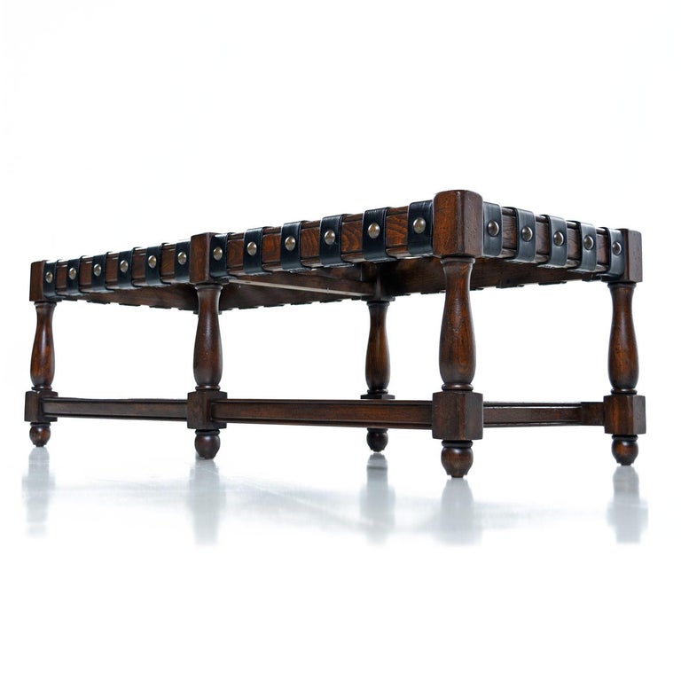 Vintage Black Leather Strap Gothic Revival Style Solid Oak Bench and ...