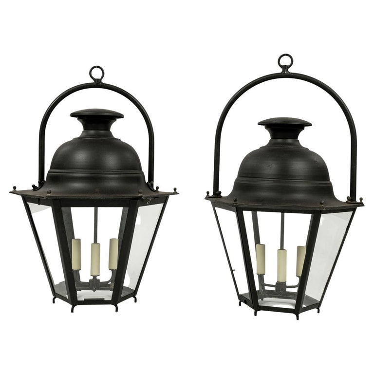 Vintage Black-Painted Hexagonal Street Lantern For Sale at 1stDibs