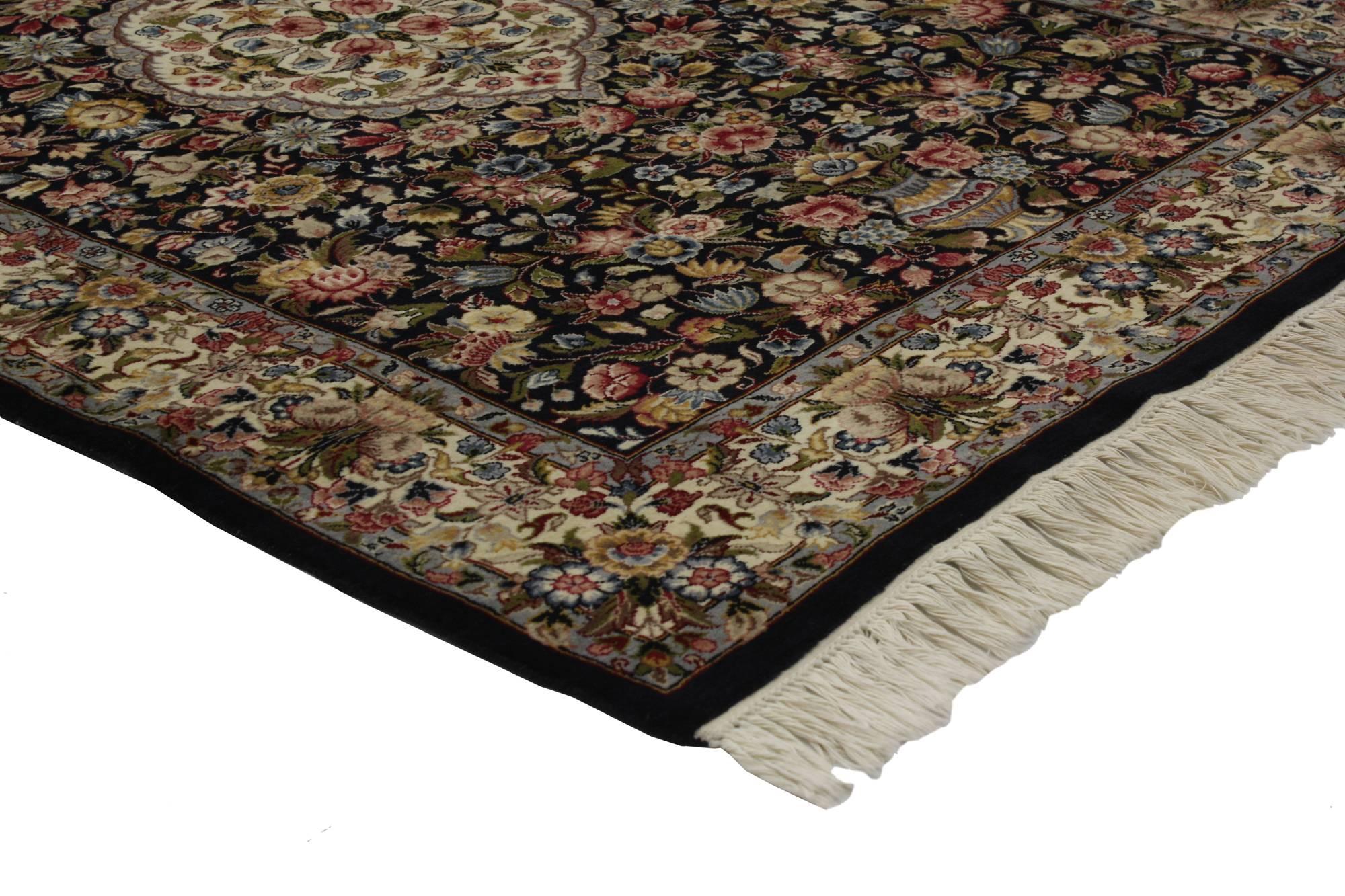 Vintage Black Persian Vase Design Pakistani Rug with Baroque Floral ...
