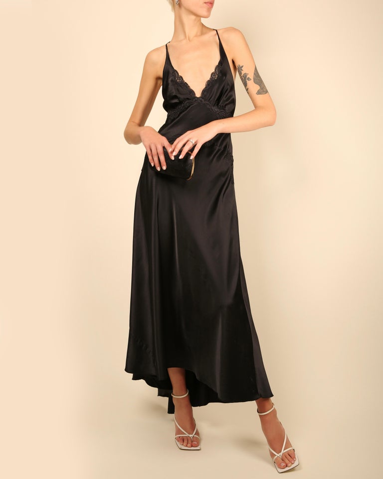 Vintage black satin silk lace plunging backless night gown slip maxi ...