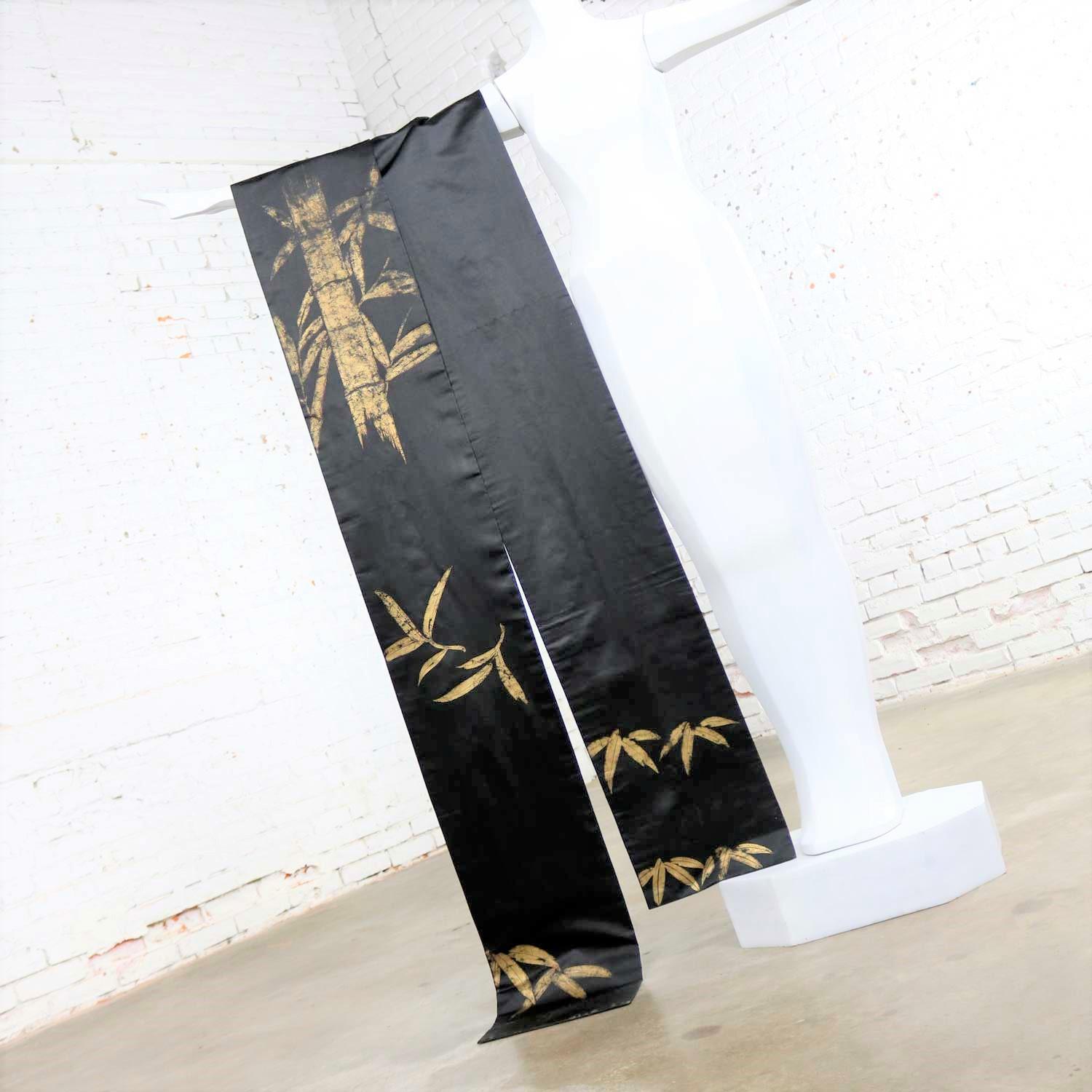 Vintage Black Silk Japanese Obi with Gold Bamboo Hand Painted Design ...