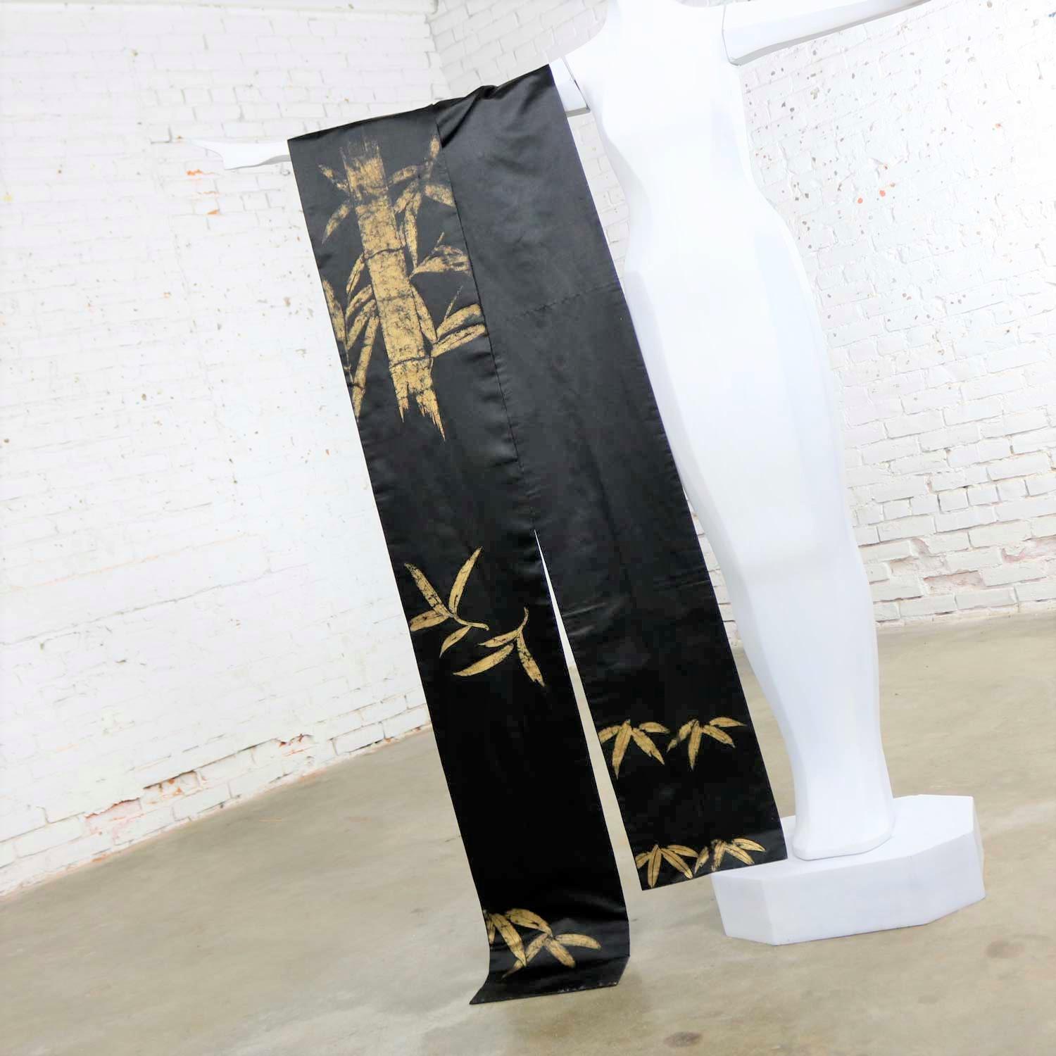 Vintage Black Silk Japanese Obi with Gold Bamboo Hand Painted Design ...