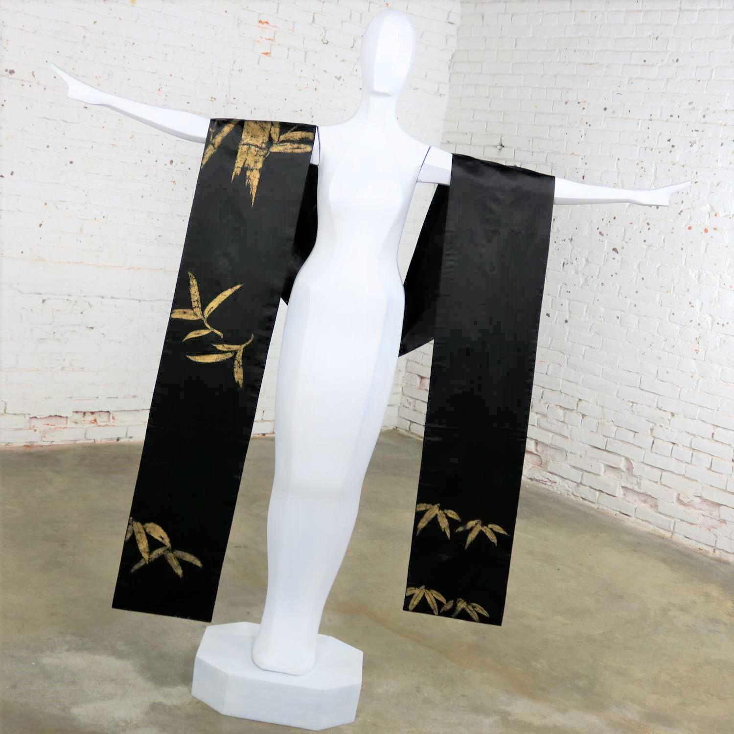 Vintage Black Silk Japanese Obi with Gold Bamboo Hand Painted Design ...