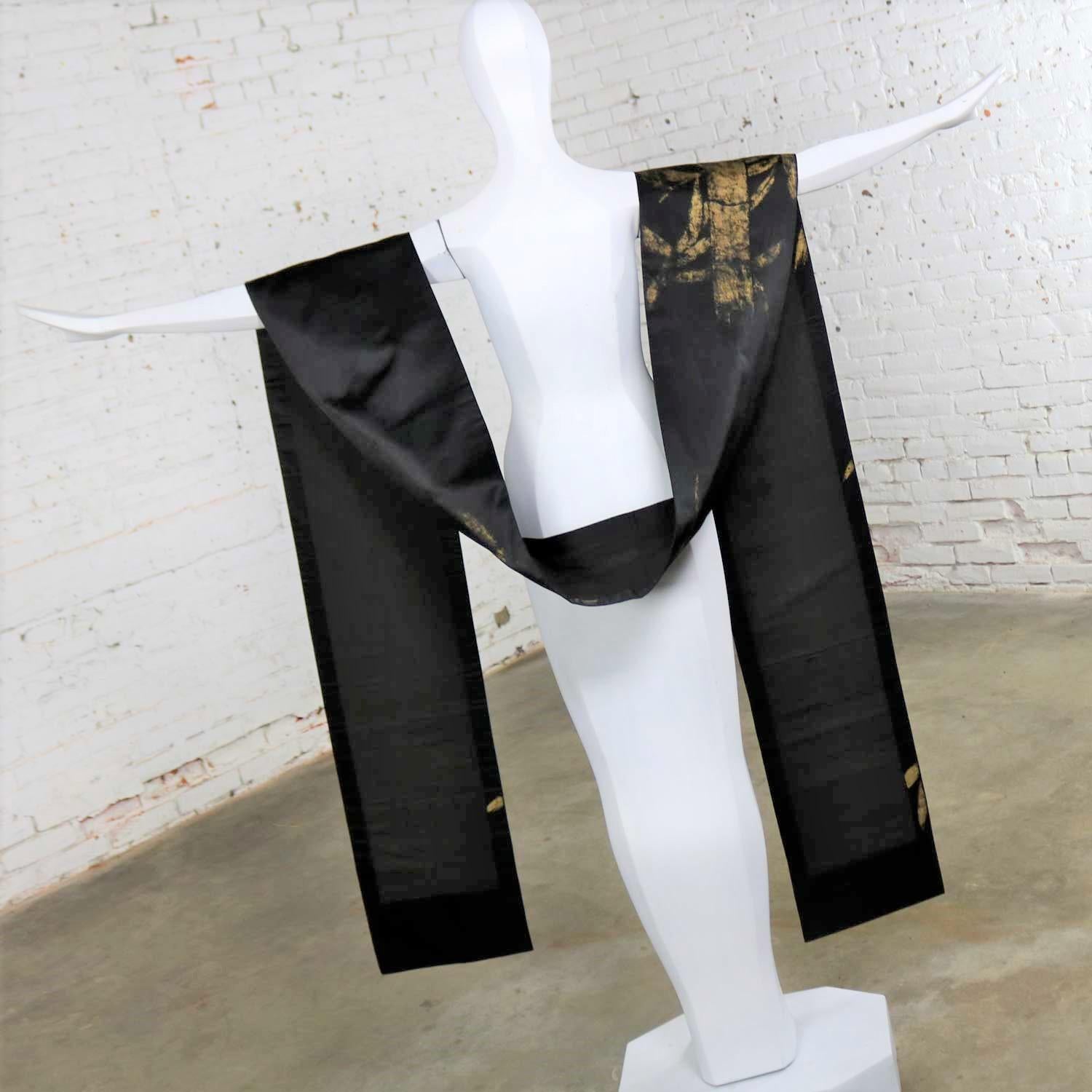 Vintage Black Silk Japanese Obi with Gold Bamboo Hand Painted Design ...