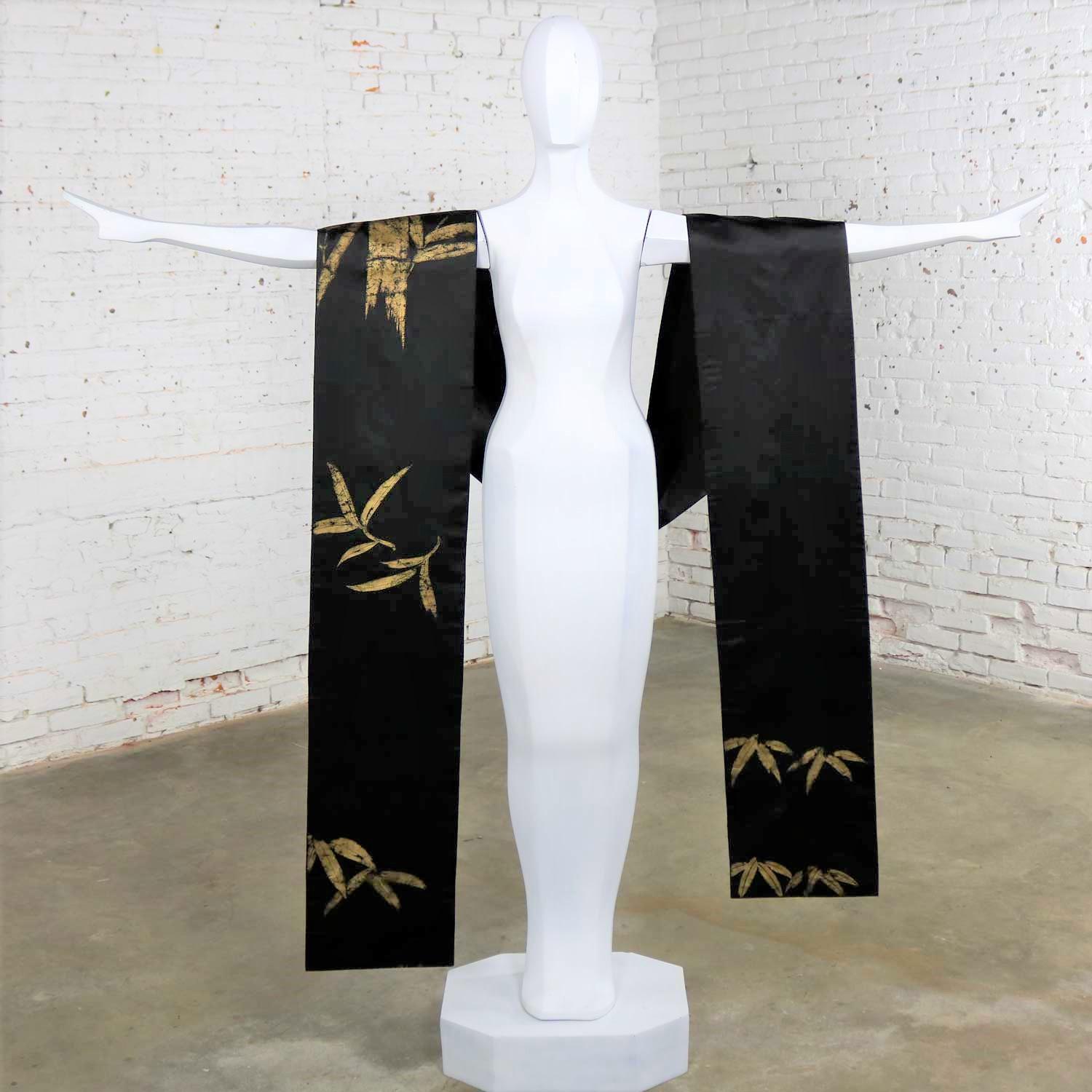 Vintage Black Silk Japanese Obi with Gold Bamboo Hand Painted Design ...