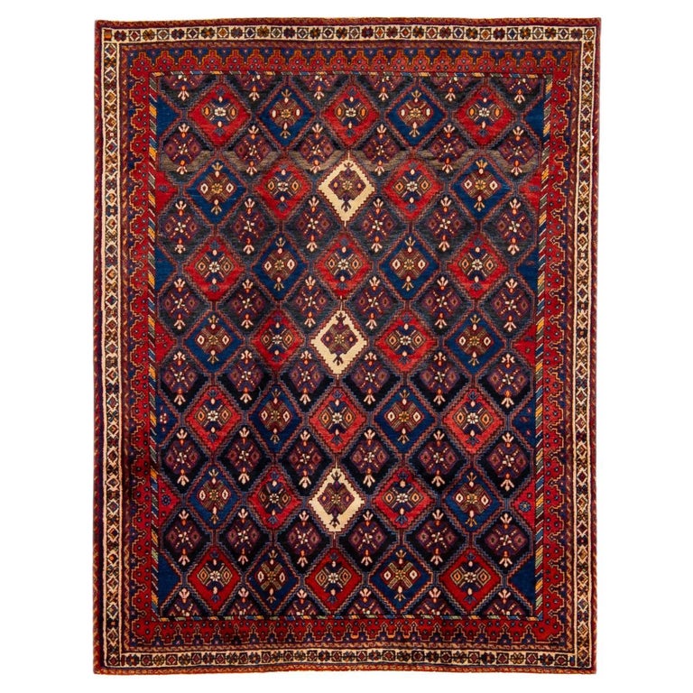 Vintage Blue and Red Persian Handmade Geometric Pattern Wool Rug For ...