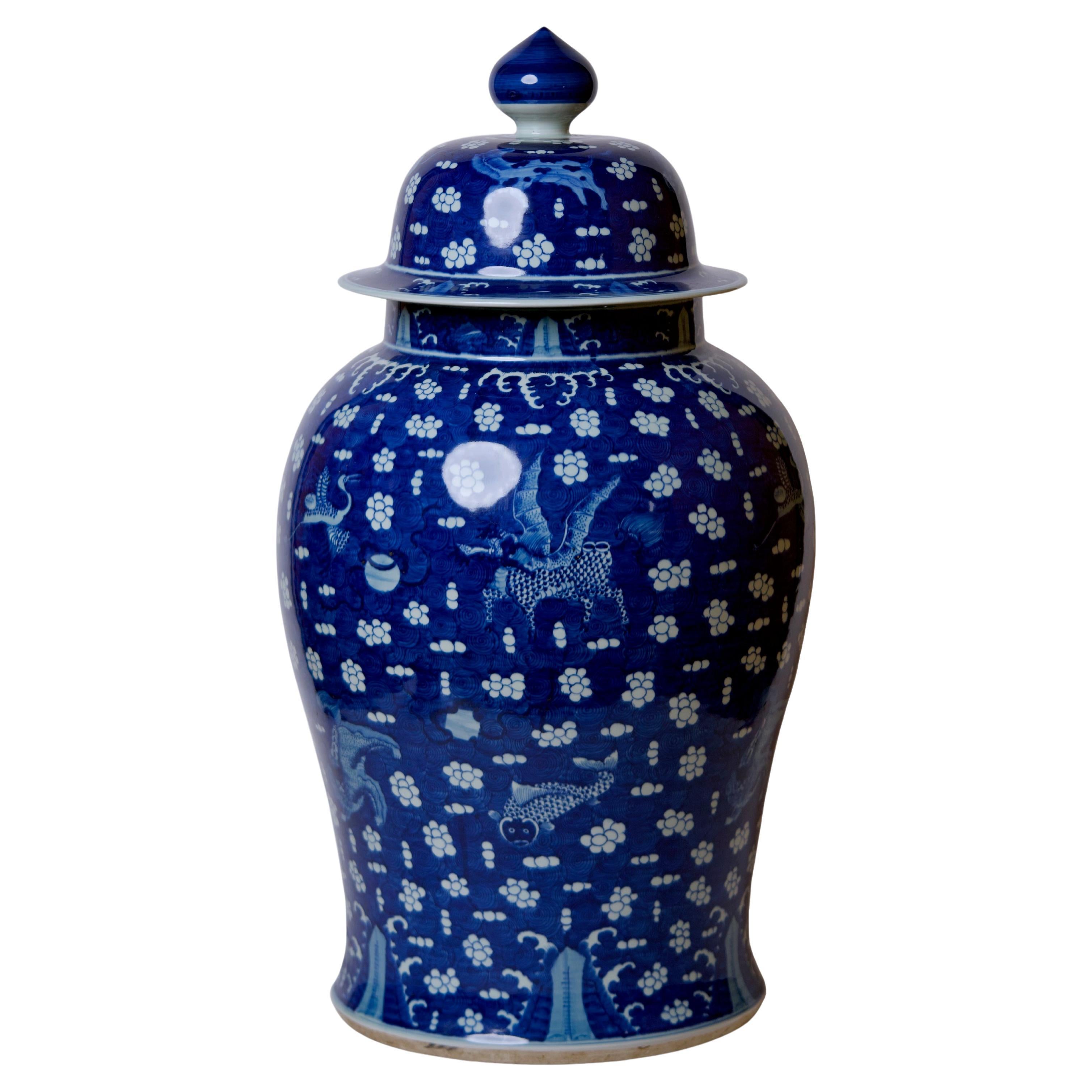 Massive Pair of of Blue and White Hand Painted Temple Jars at 1stDibs