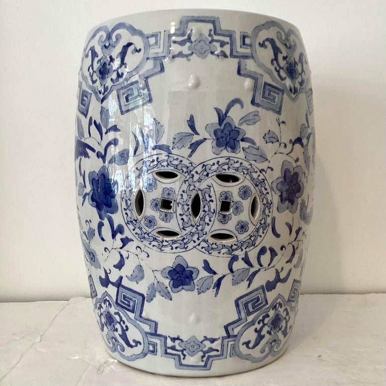 Vintage Blue and White Ceramic Garden Seat For Sale at 1stDibs