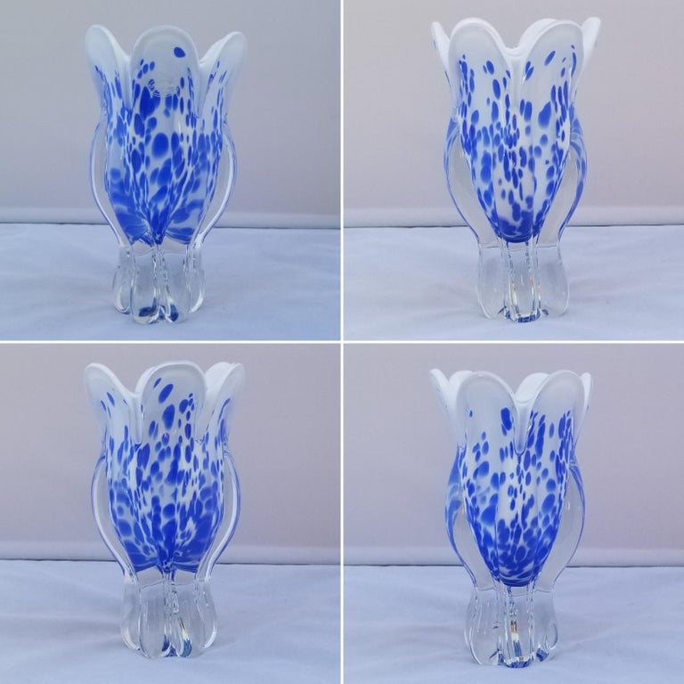 Vintage Blue And White Royal Gallery Of Poland Hand Blown Glass Bowl And Vase For Sale At 1stdibs