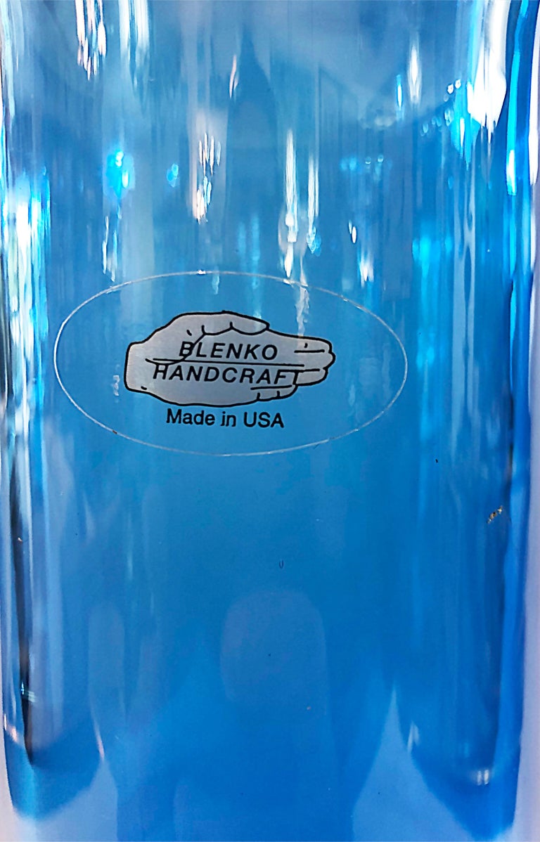 Vintage Blue Bulbous Blenko Blown Glass Vase with Sticker For Sale at ...