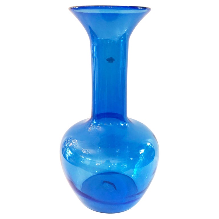 Vintage Blue Bulbous Blenko Blown Glass Vase with Sticker For Sale at ...