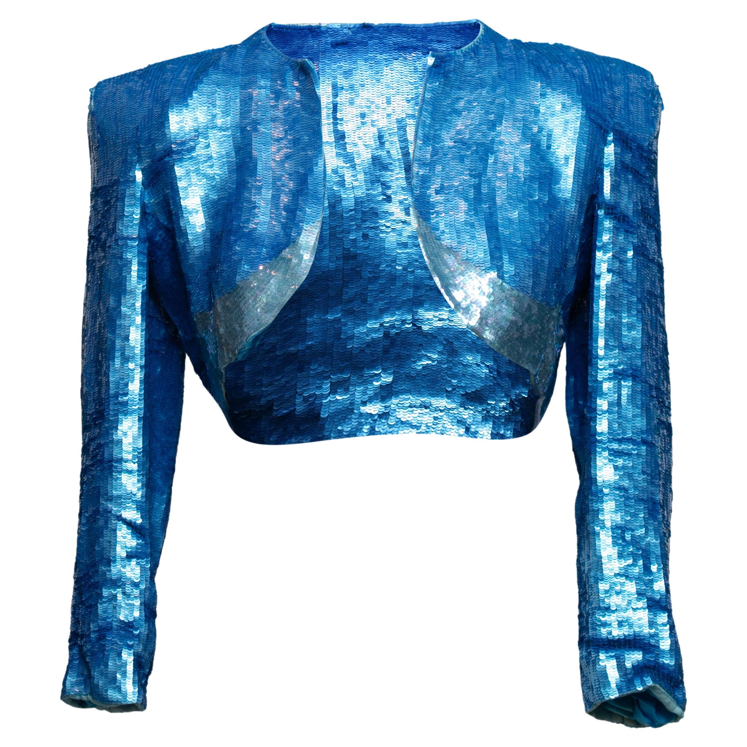 Vintage Blue Carolina Herrera Cropped Sequin Jacket For Sale at 1stDibs