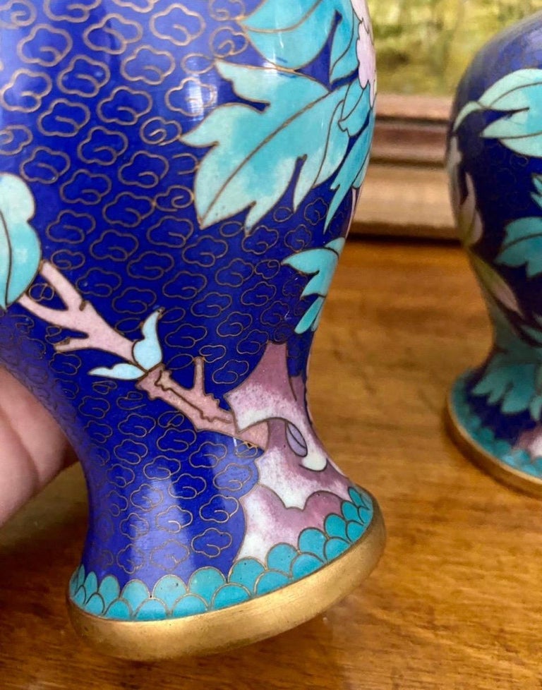 Vintage Blue Cloisonné Vases - A Pair For Sale at 1stDibs