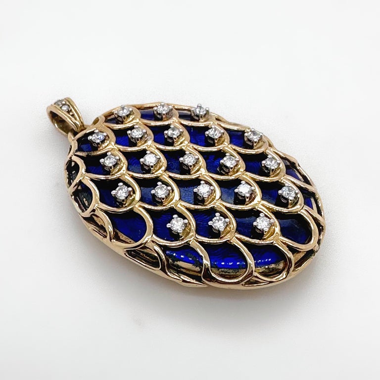 Vintage Blue Enamel and Diamonds Locket Pendant in 18 Karat Yellow Gold ...