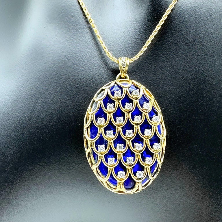 Vintage Blue Enamel and Diamonds Locket Pendant in 18 Karat Yellow Gold ...