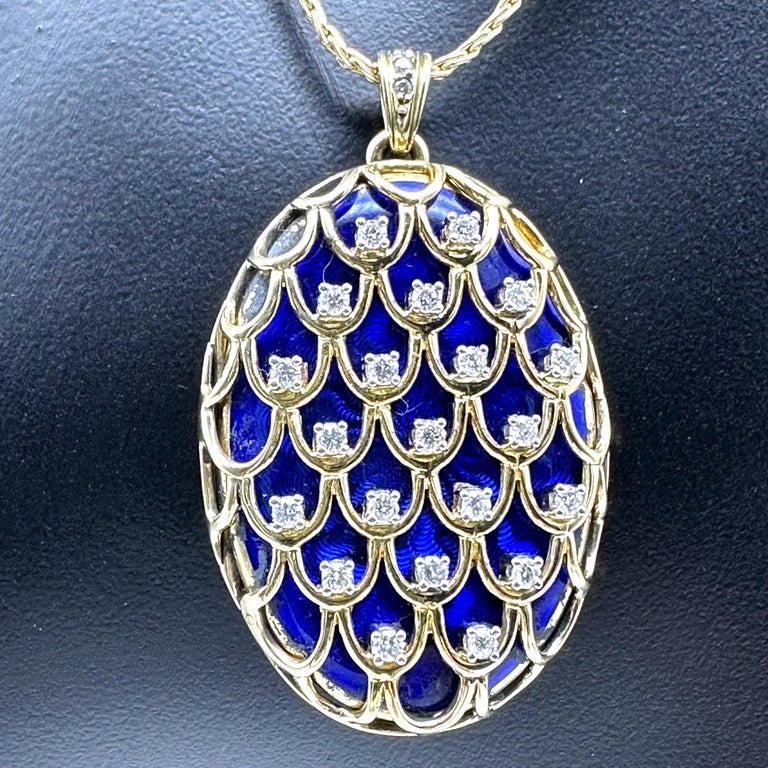 Vintage Blue Enamel and Diamonds Locket Pendant in 18 Karat Yellow Gold ...