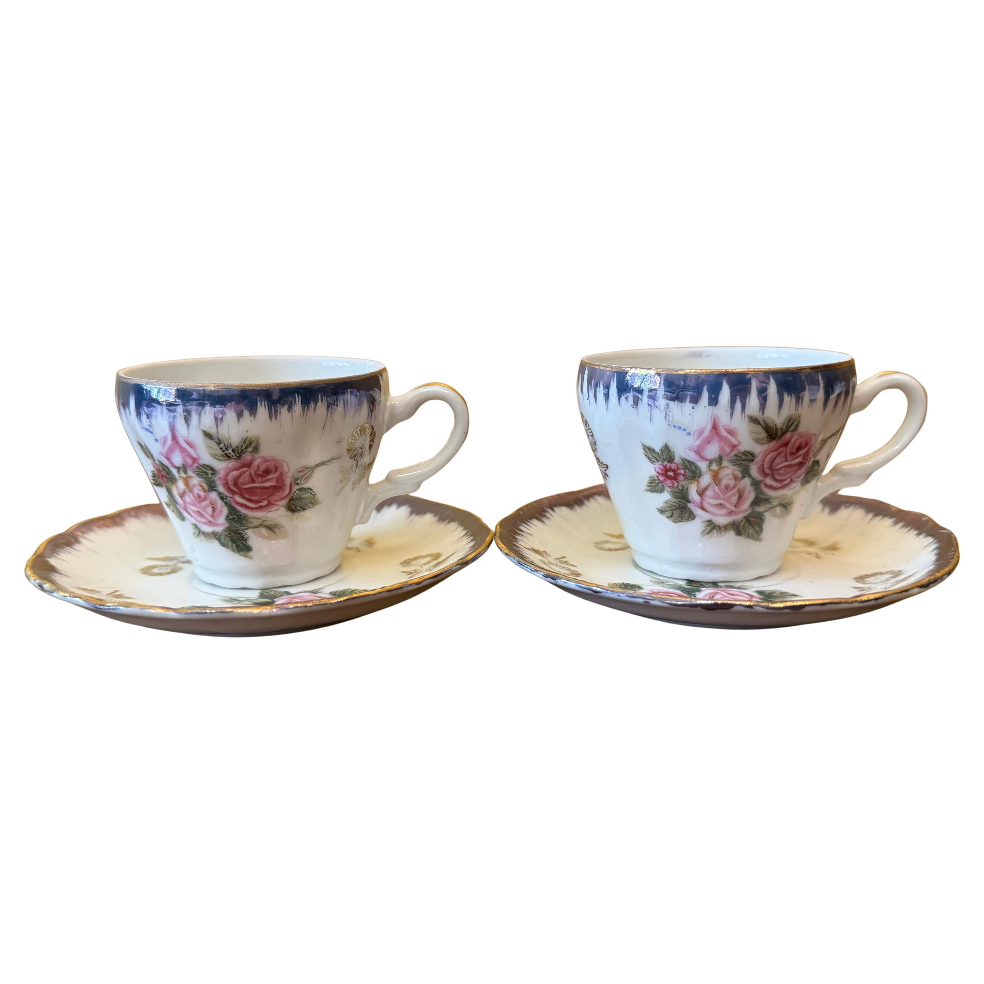 Vintage Blue Floral Print Coffee Cups and Saucer Pair For Sale at 1stDibs