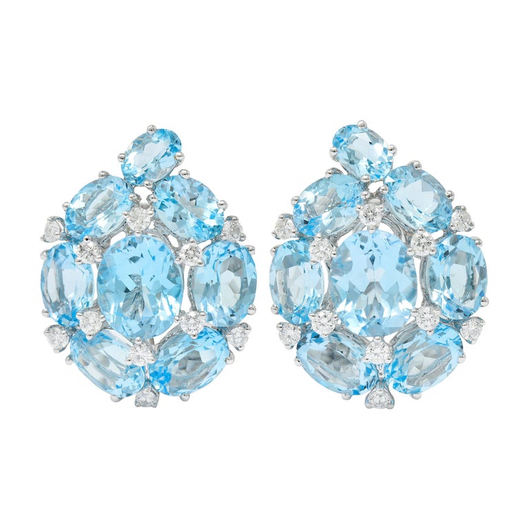 Vintage Blue Topaz Diamond 18 Karat White Gold Cluster Earrings For ...