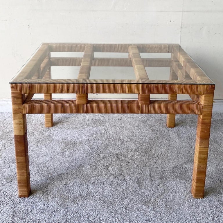 Vintage Bohemian Glass Top Rattan Center Table For Sale at 1stDibs