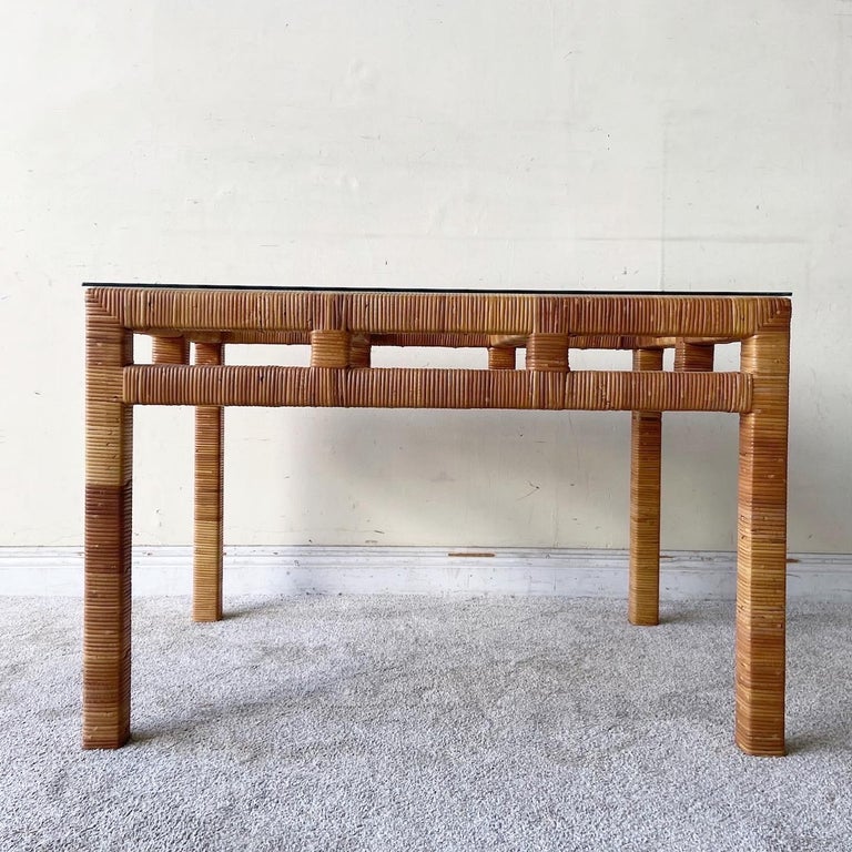 Vintage Bohemian Glass Top Rattan Center Table For Sale at 1stDibs