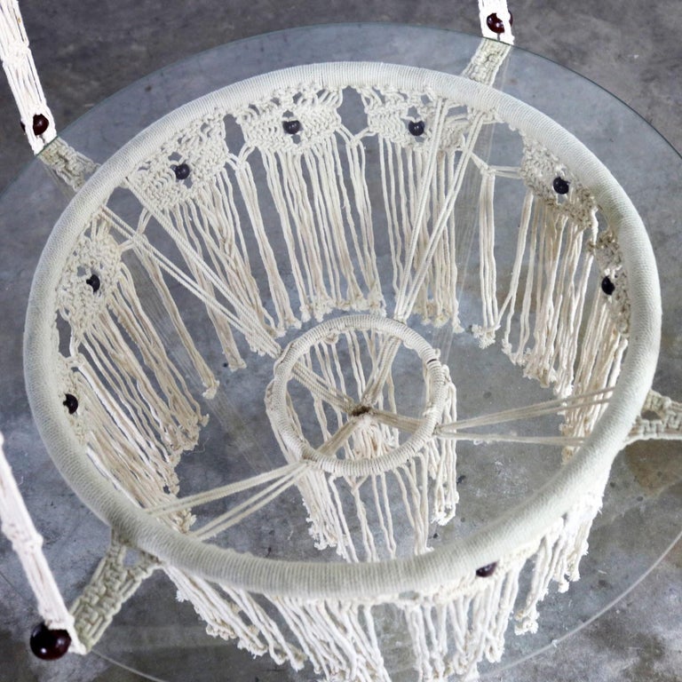 Vintage Bohemian White Macramé Hanging Table with Round Glass Top at ...