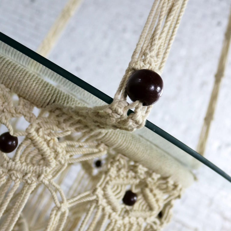 Vintage Bohemian White Macramé Hanging Table with Round Glass Top at ...