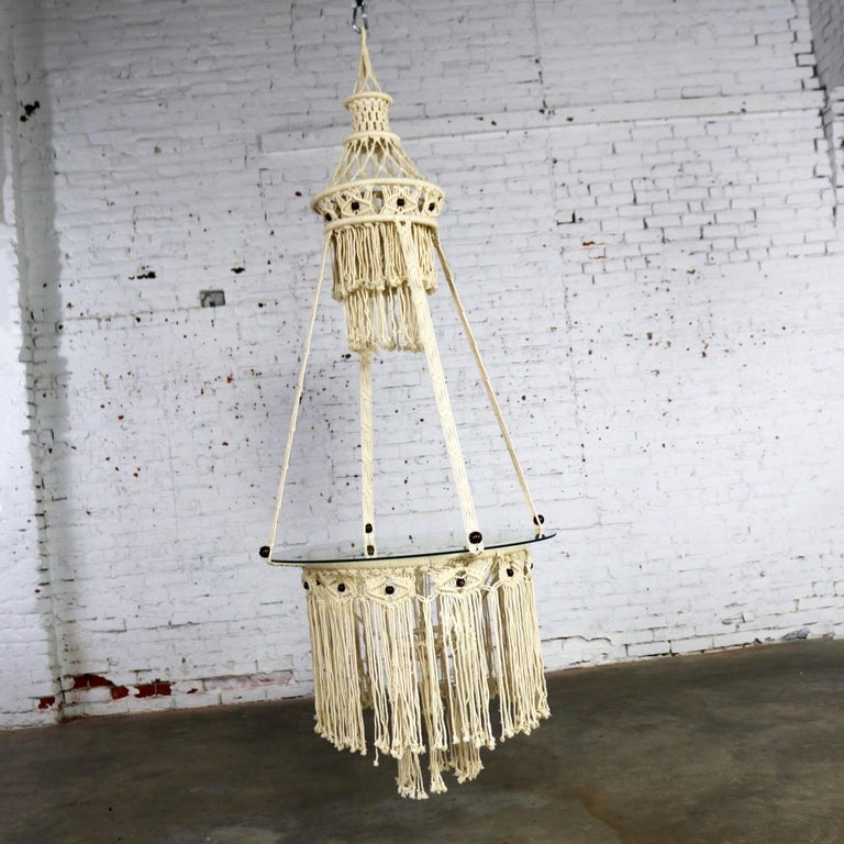 Vintage Bohemian White Macramé Hanging Table with Round Glass Top at ...