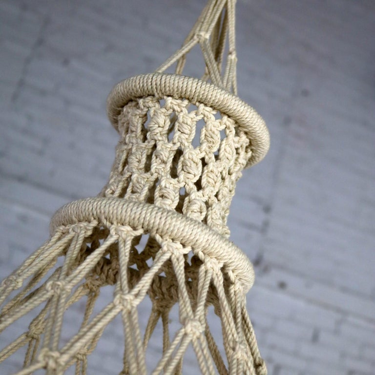 Vintage Bohemian White Macramé Hanging Table with Round Glass Top at ...